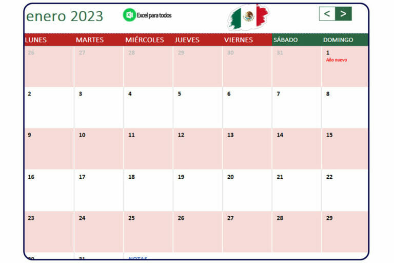 Calendario Enero 2023 en Excel y PDF - Gratis