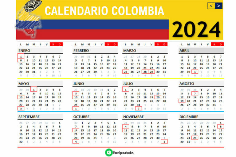 Calendario 2024 Colombia con Festivos | PDF y Excel