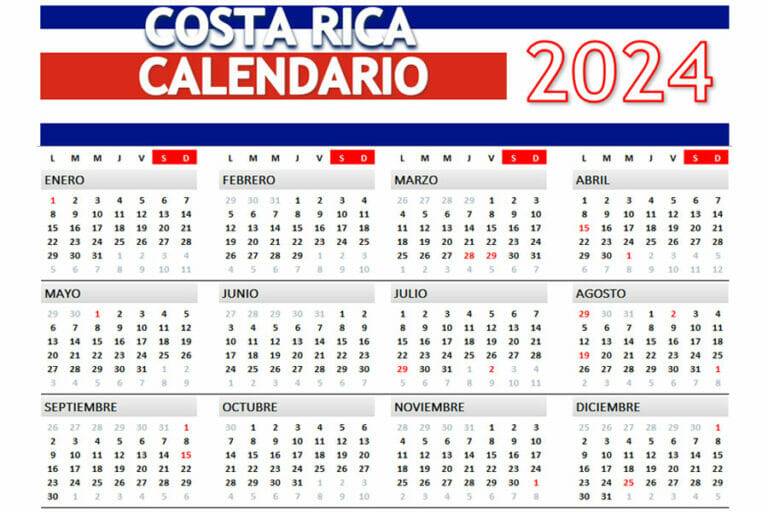Calendario 2024 Costa Rica con Feriados para Imprimir
