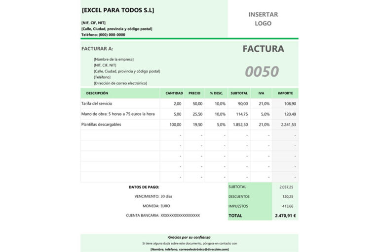Factura con IVA y Descuento en Excel - Descarga Gratis