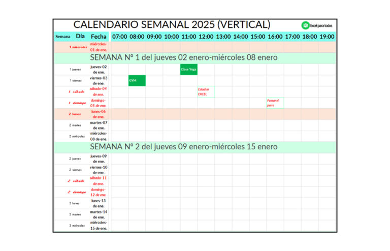 Calendario por Semanas 2025 en Excel - Descarga Gratis